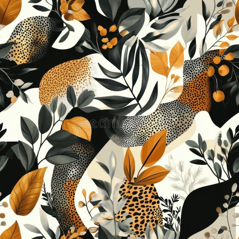 Abstract Nature Pattern with Leaves and Geometric Shapes in Bold Colors ...