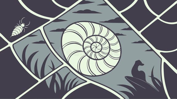 Abstract Nautilus Shell and Beetle on Textured Ground, Vector Design ...