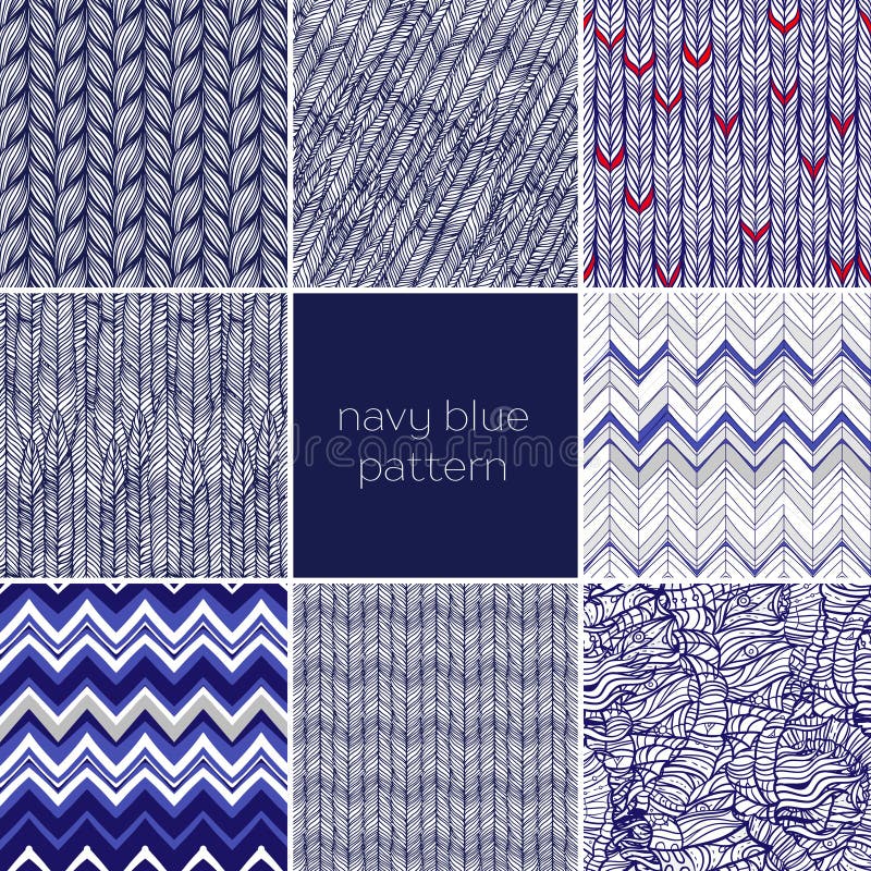 Abstract Navy Blue Hand-drawn Pattern Set, Waves Background. Seamless ...
