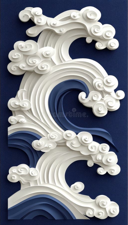 Abstract Navy Blue and White Paper Cutout Wall Art, 3D Layered Wave ...