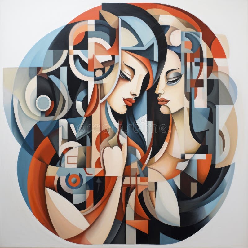 Abstract Neocubist Painting Serene Faces in a Circle of Square Shapes ...