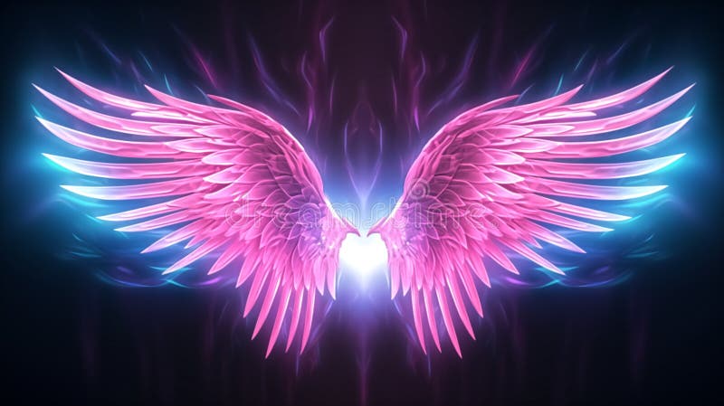 Abstract Neon Angel Wings Illuminated by Pink and Blue Lights on Stock ...