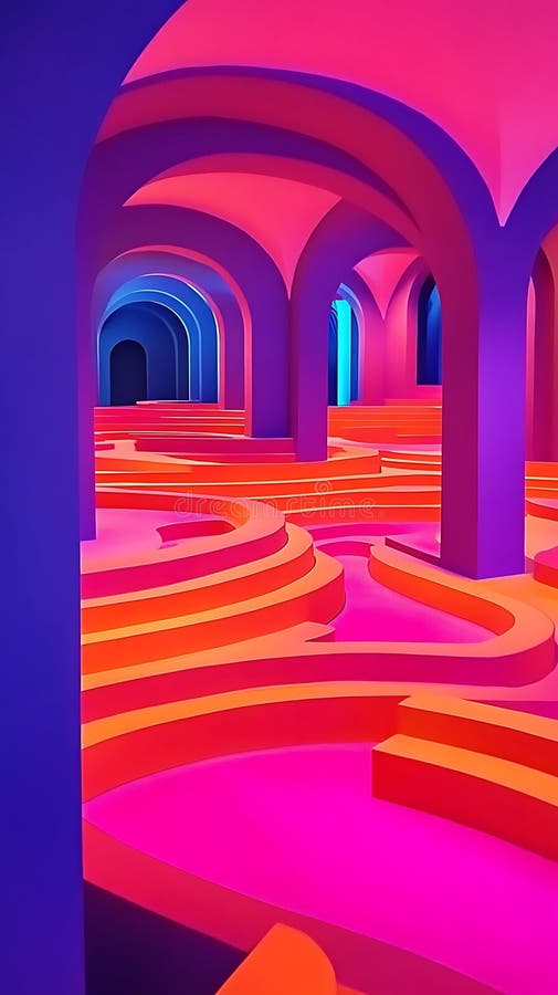 Abstract Neon Architecture with Arched Passageways and Curved Platforms ...
