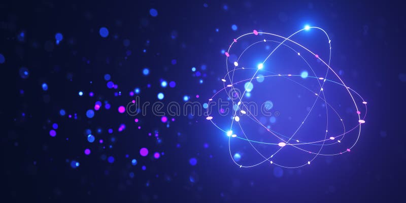 Abstract Neon Atom Model with Orbiting Particles on a Dark Blue ...