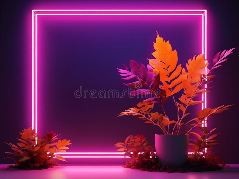 Abstract Neon Autumn Plant with Colorful Neon Light Frame Stock ...