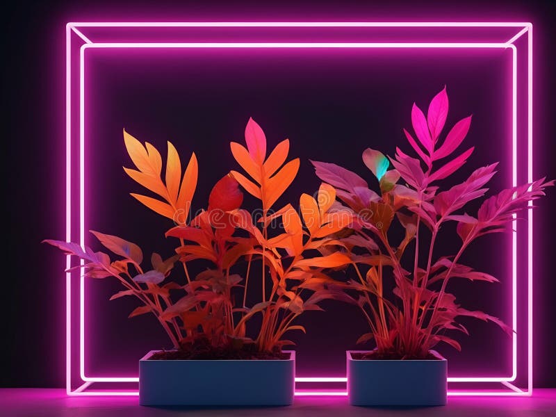 Abstract Neon Autumn Plant Colorful Neon Light Frame Dark Background ...