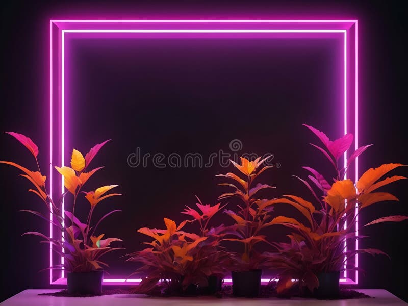 Abstract Neon Autumn Plant Colorful Neon Light Frame Dark Black ...