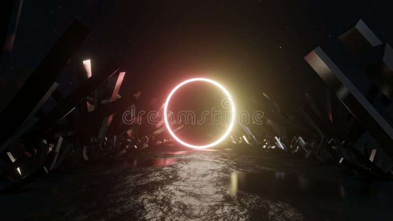 Abstract Neon Background. Glowing Circle among Crystals. 3D Render ...