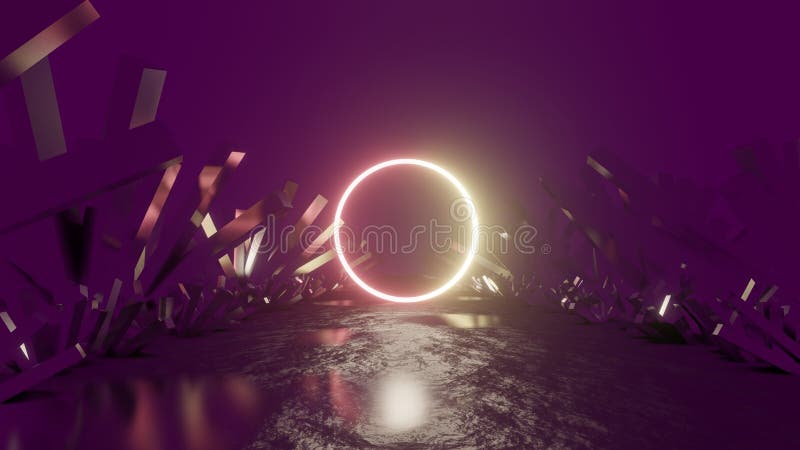Abstract Neon Background. Glowing Circle among Crystals. 3D Render ...