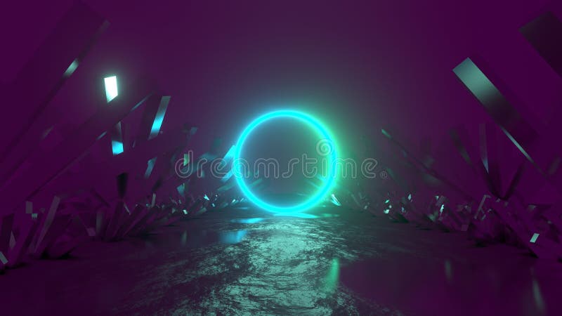 Abstract Neon Background. Glowing Circle among Crystals. 3D Rendering ...