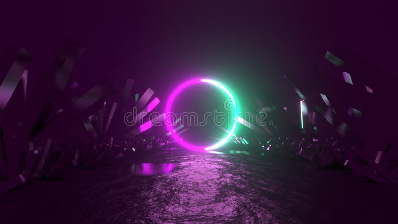 Abstract Neon Background. Glowing Circle among Crystals. 3D Rendering ...