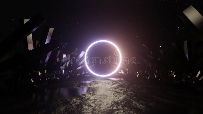Abstract Neon Background. Glowing Circle among Crystals. 3D Render ...