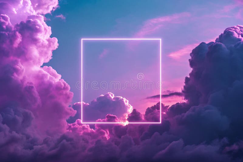 Abstract Neon Background with Glowing Square Frame in the Clouds ...