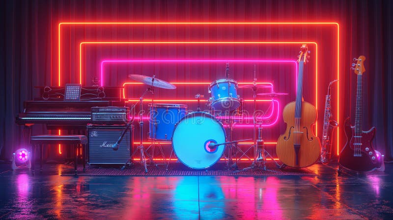 Abstract Neon Background on the Theme of Musical Instruments. Stock ...