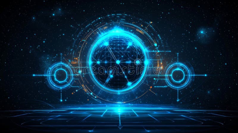 An Abstract Neon Blue Atom Nucleus with Electrons Circling it, Designed ...