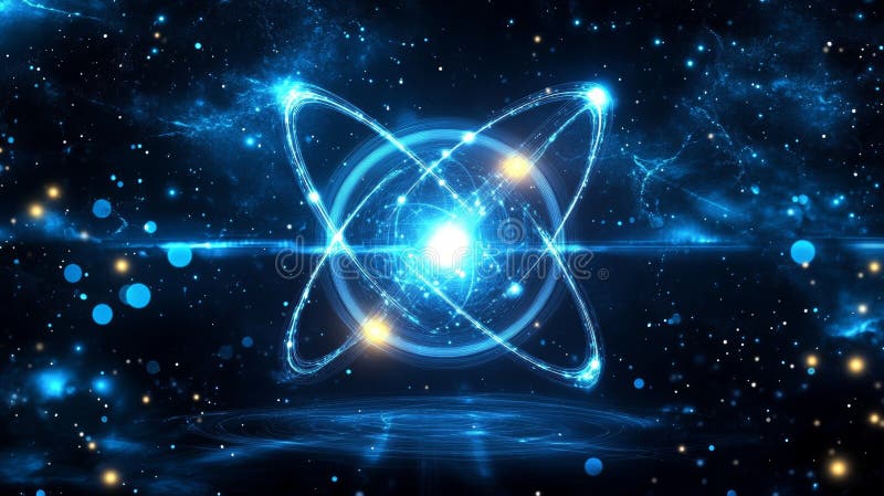 An Abstract Neon Blue Atom Nucleus with Electrons Circling it, Designed ...