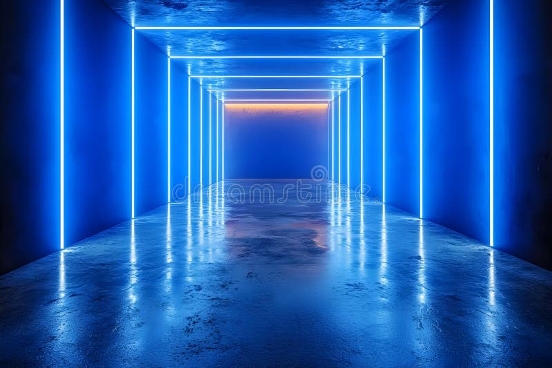Abstract Neon Blue Corridor with Reflective Floor and Subtle Skylight ...
