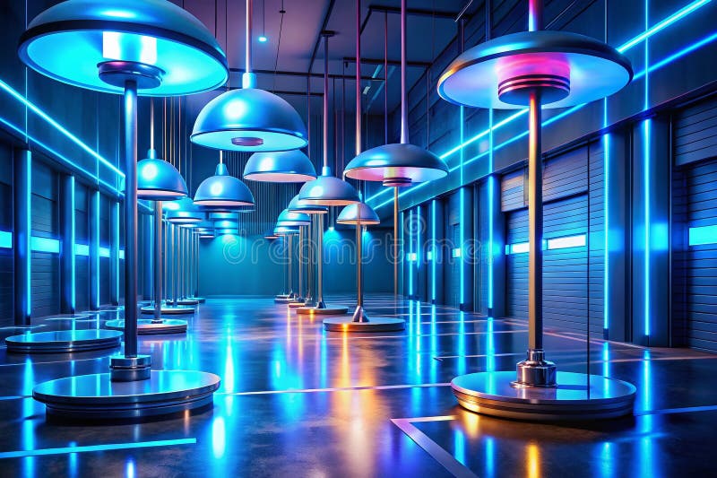 Abstract Neon Blue Lamps Illuminate Futuristic Reflective Architecture ...