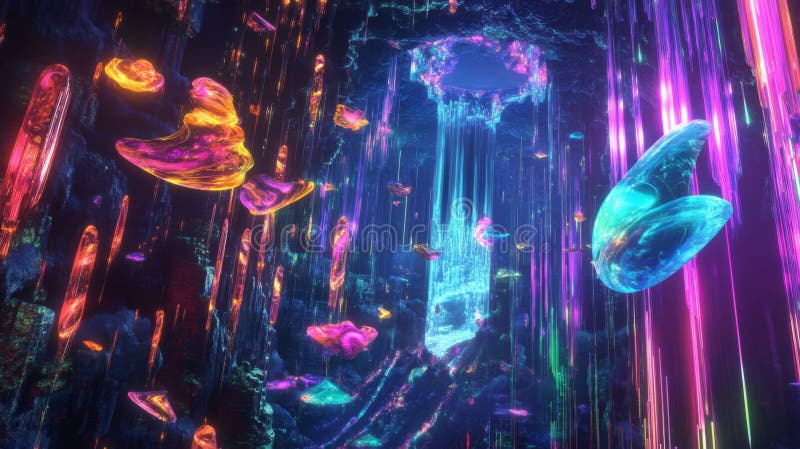 Abstract Neon Cave with Glowing Shapes and Falling Lights Stock ...