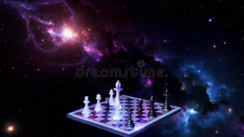 Abstract Neon Chessboard in Cosmic Void with Floating Geometric Pieces ...