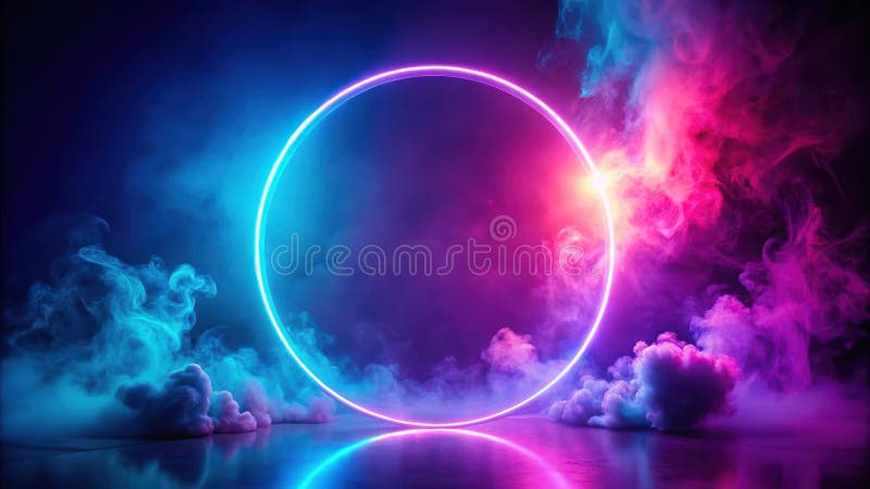 Abstract Neon Circle with Colorful Smoke and Reflective Floor ...