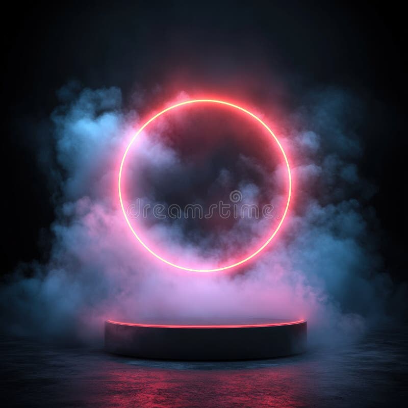 Abstract Neon Circle Stage with Smoke and Podium. Stock Illustration ...
