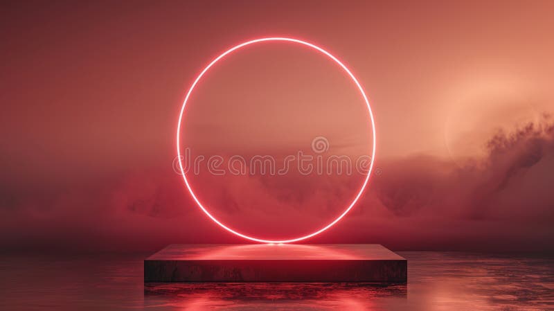 Abstract Neon Circle Structure on Platform with Cloudy Background ...