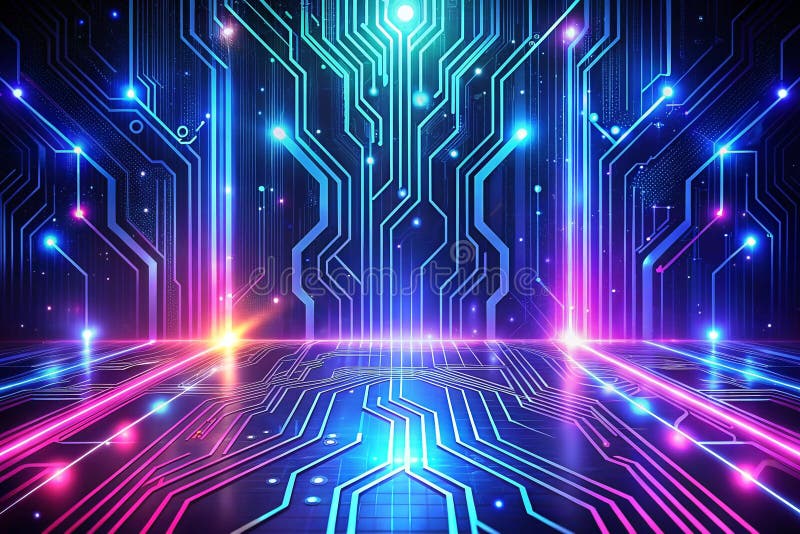 Abstract Neon Circuit Board Background with Glowing Lines and Empty ...