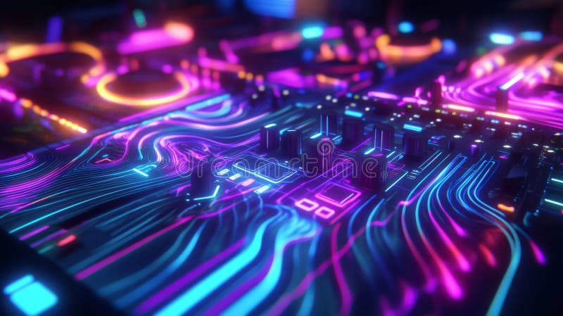 Abstract Neon Circuit Board with Bright Pink Purple and Blue Light ...