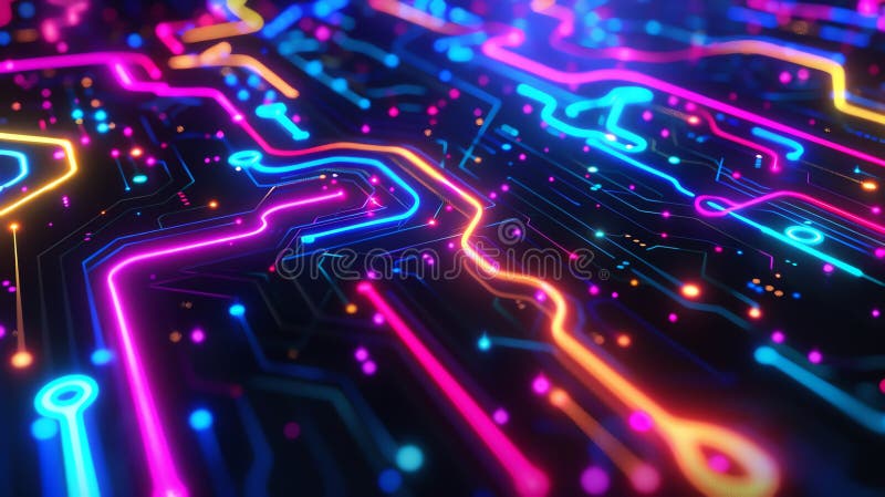 Abstract Neon Circuit Board Design with Glowing Lines and Dots Stock ...