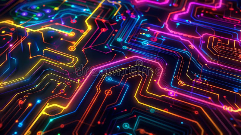 Abstract Neon Circuit Board Pattern with Interconnected Lines and ...