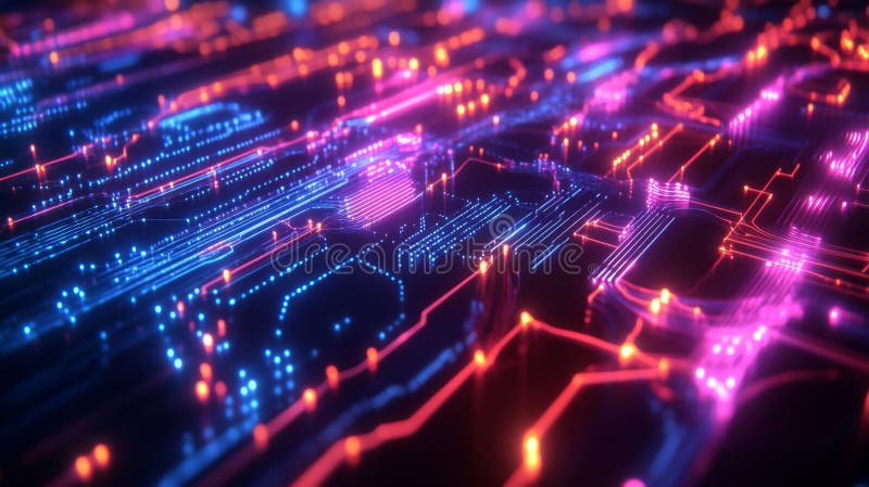 Abstract Neon Circuit Board with Red and Blue Glowing Lines Stock ...