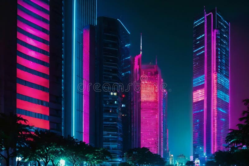 Abstract Neon Color Skyscrapers in Night Stock Illustration ...