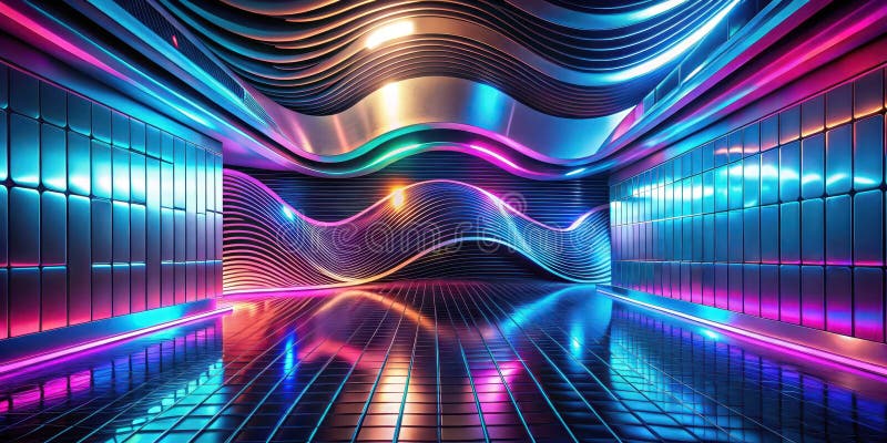 Abstract Neon Corridor with Dynamic Wave Patterns and Reflective Floor ...