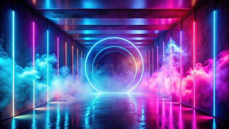 Abstract Neon Corridor with Glowing Circular Lights and Vapor ...