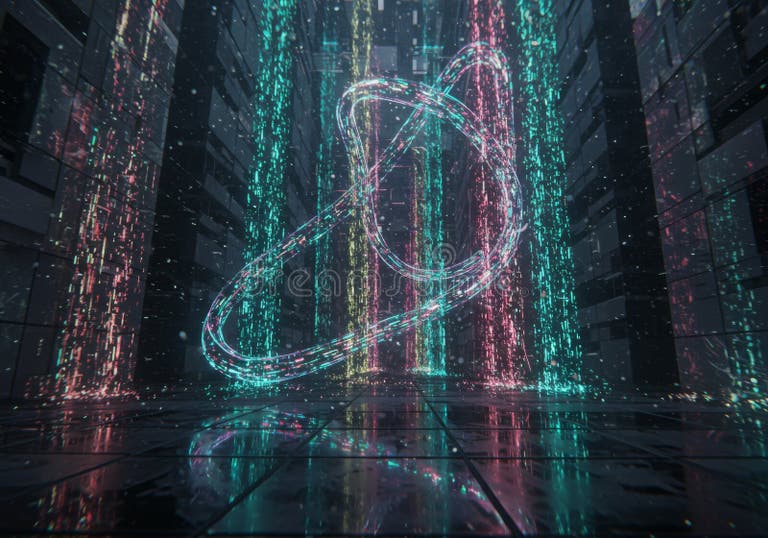 Abstract Neon Corridor with Glowing Lights and Pixelated Particles ...