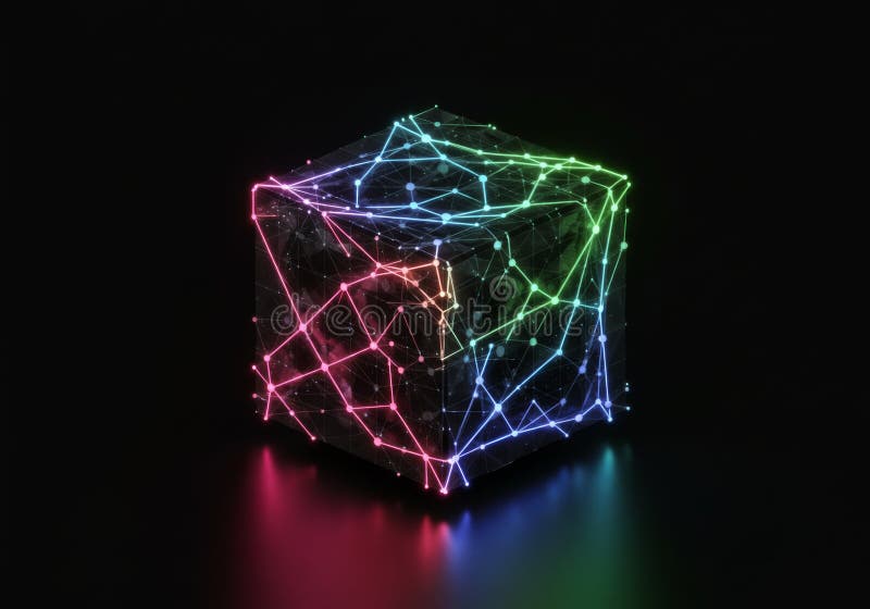 Abstract Neon Cube with Connecting Lines and Points Stock Illustration ...