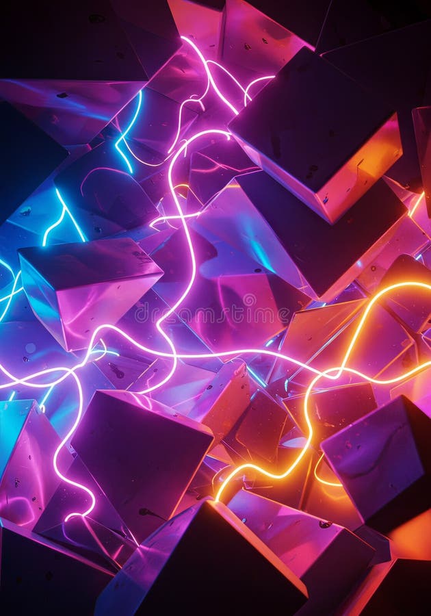 Abstract Neon Cubes with Glowing Lines Stock Illustration ...