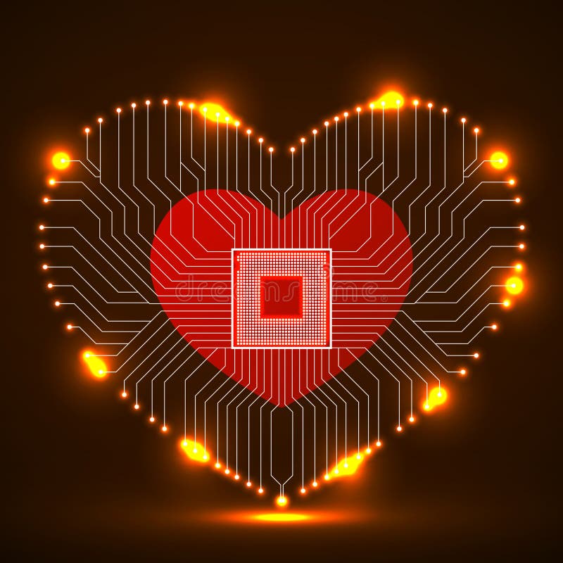 Abstract Neon Electronic Circuit Board in Shape of Heart, Technology ...
