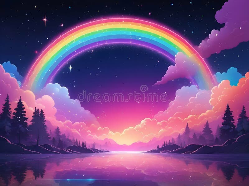 Abstract Neon Fantasy Rainbow of Magic Sky Sparkling Stars Background ...