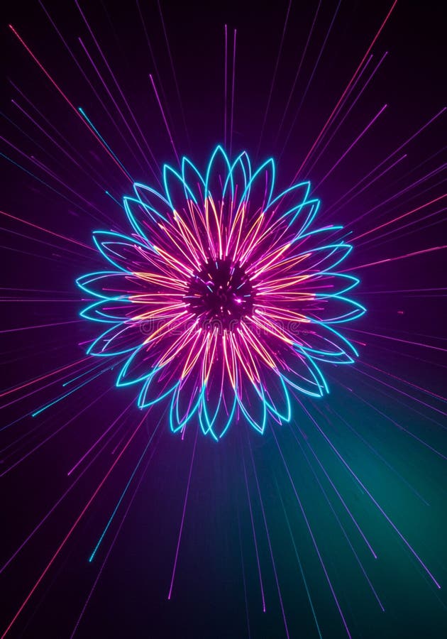 Abstract Neon Flower with Glowing Lines and Dots Stock Illustration ...