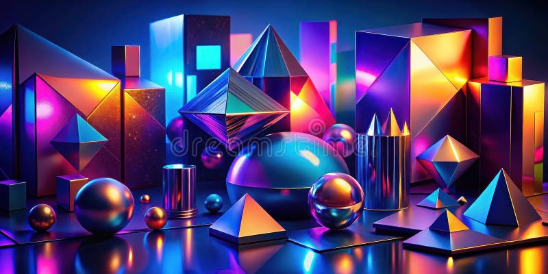 Abstract Neon Geometric Shapes Composition with Reflective Surfaces ...