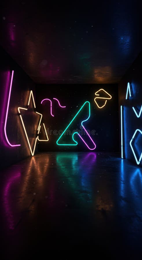 Abstract Neon Geometric Shapes in Dark Room Stock Illustration ...