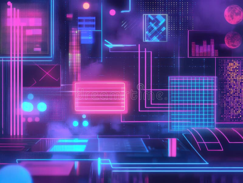 Abstract Neon Geometric Shapes with Pixelated Background Stock ...