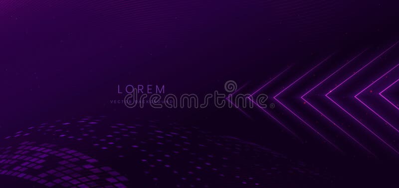 Abstract Neon Glowing Arrow Overlapping on Dark Purple Background ...