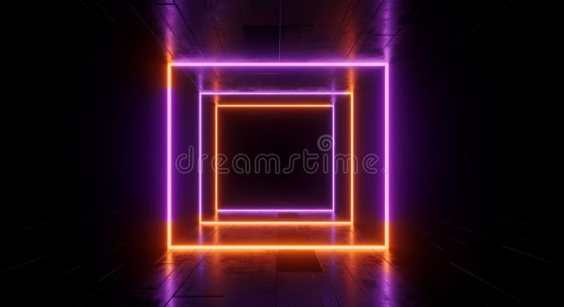 Abstract Neon Glowing Cube Tunnel with Purple and Orange Light. Stock ...