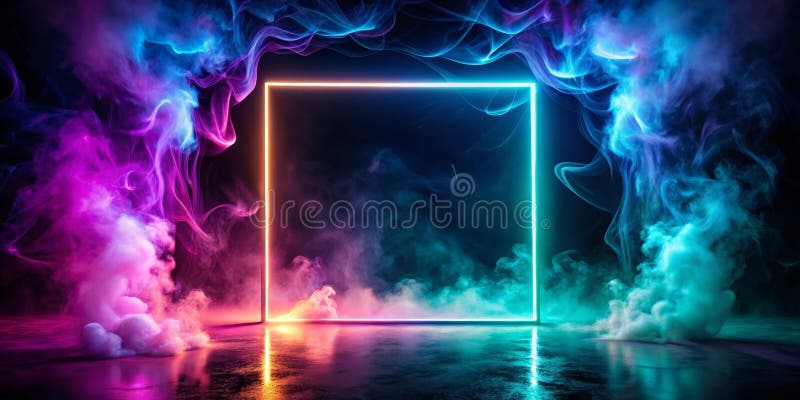 Abstract Neon Glowing Square Frame with Vivid Colorful Smoke ...