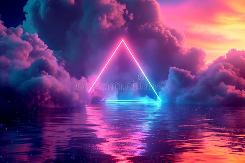 Abstract Neon Glowing Triangle Surrounded by Fog and Clouds. Modern ...