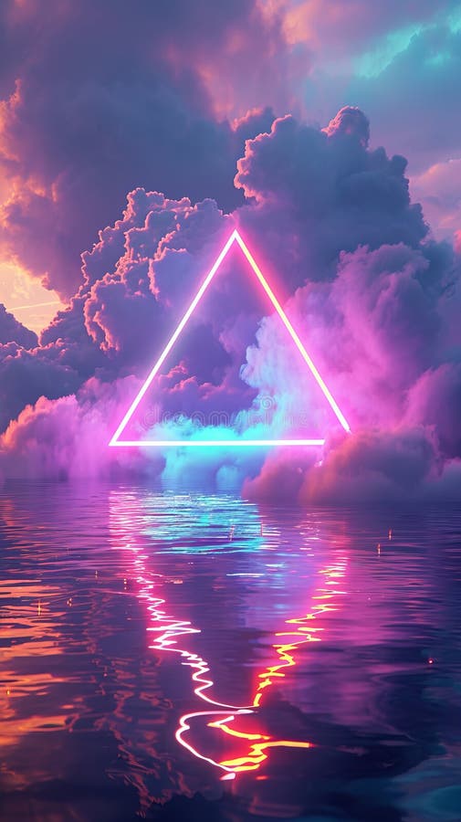 Abstract Neon Glowing Triangle Surrounded by Fog and Clouds. Modern ...
