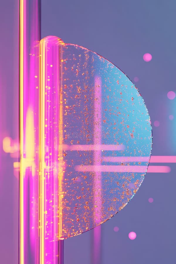 Abstract Neon Gradient with Circular Glass Element and Orange Particles ...